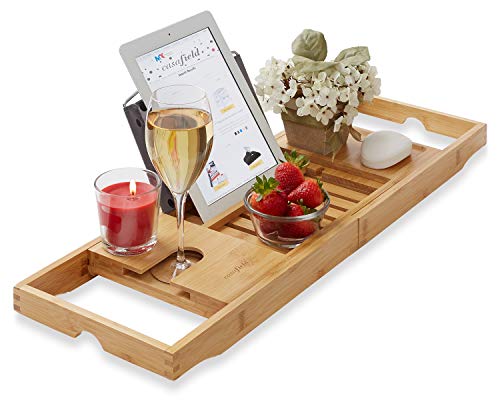 Casafield Bamboo Bathtub Caddy - Luxury Expandable Bath Tray - Adjustable Tub Organizer Holder for Tablet, Book, Phone, Wine Glass, Candles, and Soap