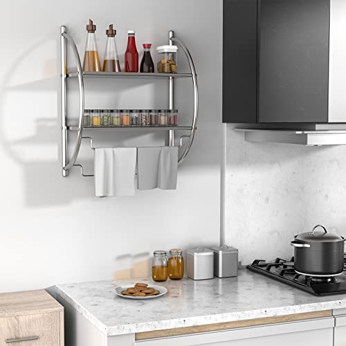 Safstar Wall Mounted Bathroom Shelf, 2-Tier Metal Bathroom Towel Rack w/Leaky Design Shelves & Towel Bars, Chrome Bathroom Shelf for Living Room Kitchen Bathroom, 18"W X 10"D X 22"H, Silver