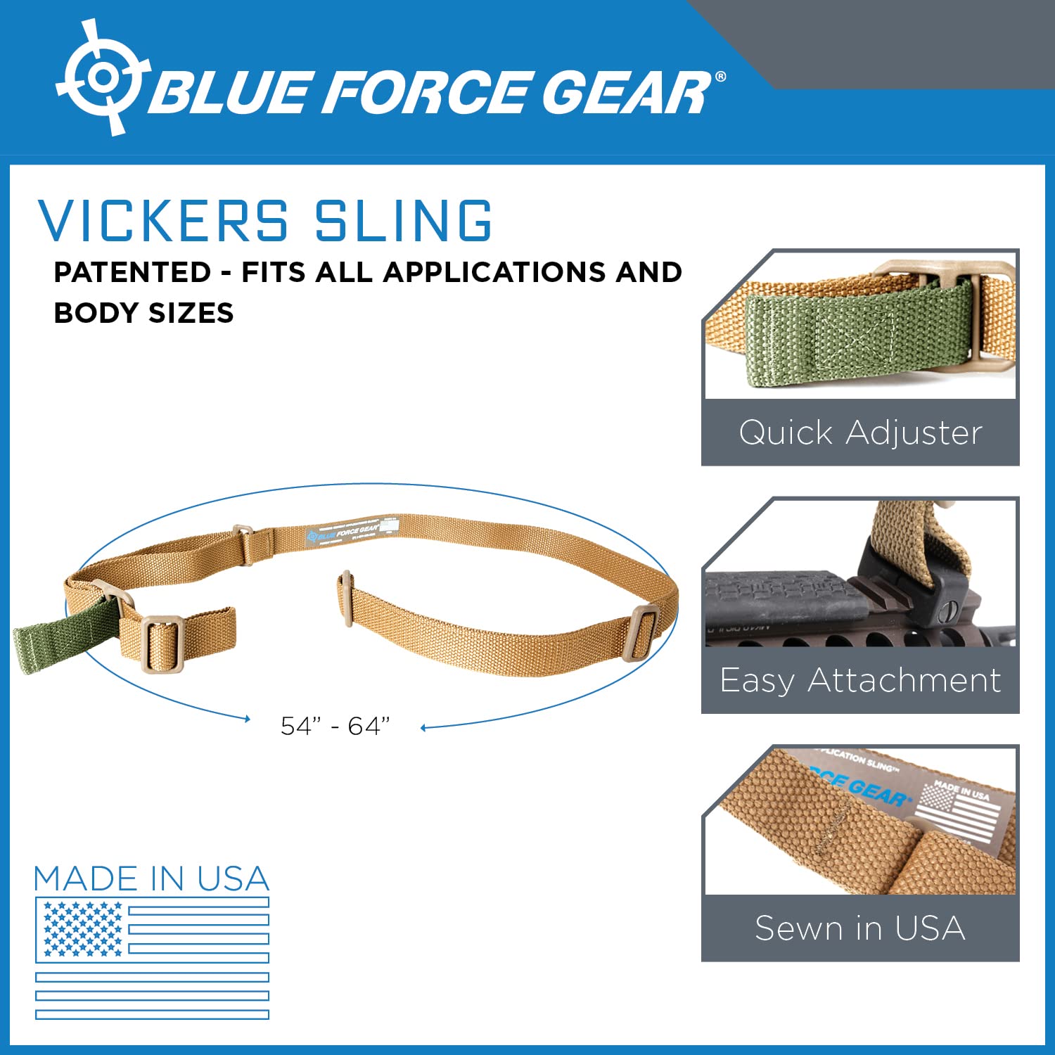 Blue Force Gear Vickers Sling | 2 Point Sling Adjusts for Carrying Positions | 54-64 inches (Black)