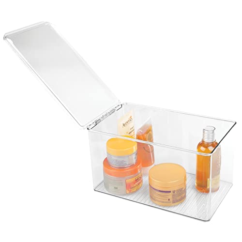 mDesign Stackable Plastic Bathroom Storage Box with Hinge Lid - Container for Organizing Soap, Body Wash, Shampoo, Conditioner, Hand Towels, Hair Accessories, Lumiere Collection, 4 Pack - Clear