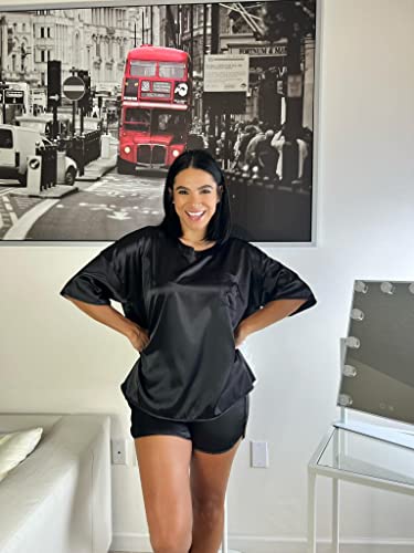 Ekouaer Satin Pajamas for Women Short Sleeve Silk Pajama Sets Soft Sleepwear Top with Causal Pj Shorts Black L