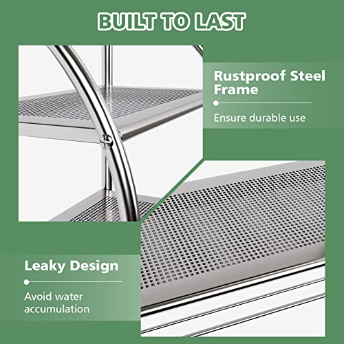 Safstar Wall Mounted Bathroom Shelf, 2-Tier Metal Bathroom Towel Rack w/Leaky Design Shelves & Towel Bars, Chrome Bathroom Shelf for Living Room Kitchen Bathroom, 18"W X 10"D X 22"H, Silver