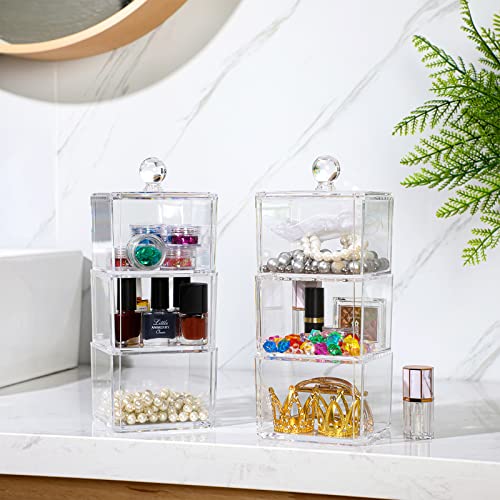 Hair Accessories Organizer for Girls, Stackable Hair Organizer Storage with Lids Acrylic Clear Hair Tie Organizer Bathroom Hair Bow Containers for Girls Headband Scrunchie Makeup Organizing (6 Pieces)