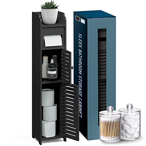 nestl Small Bathroom Storage Cabinet with 2 Doors & 3 Shelves, Toilet Paper Storage Stand, Narrow Bathroom Organizer for Towel Storage & Toilet Paper Holder - Corner Bathroom Floor Cabinet - Black