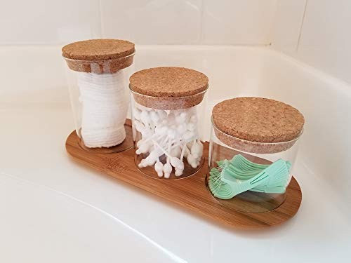 SplashSoup Glass Jar Set on Bamboo Tray, Natural Cork Lids, Bath Item Qtip Cotton Ball Canisters, Seasonal Display Decor, Centerpiece