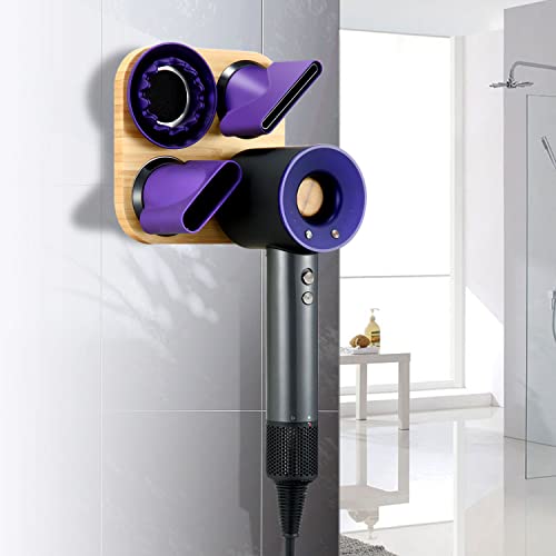JUBECO Wood Wall Mount Holder for Dyson Hair Dryer, Wood + Metal Wall Bracket Frame for Dyson Supersonic Hair Dryer. (Bamboo)