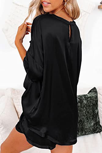 Ekouaer Satin Pajamas for Women Short Sleeve Silk Pajama Sets Soft Sleepwear Top with Causal Pj Shorts Black L