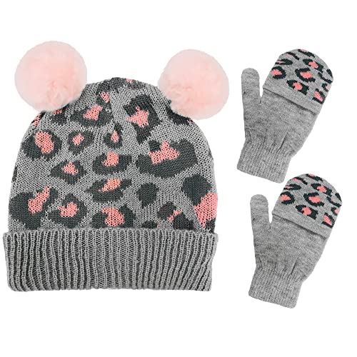 PEAK 2 PEAK Girls Hat and Fingerless Gloves Winter Set, Leapord with Plush Pink Pompoms - Age 4-12 Years