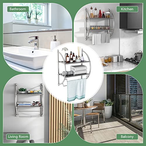 Safstar Wall Mounted Bathroom Shelf, 2-Tier Metal Bathroom Towel Rack w/Leaky Design Shelves & Towel Bars, Chrome Bathroom Shelf for Living Room Kitchen Bathroom, 18"W X 10"D X 22"H, Silver