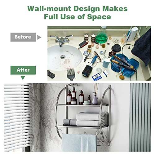 Safstar Wall Mounted Bathroom Shelf, 2-Tier Metal Bathroom Towel Rack w/Leaky Design Shelves & Towel Bars, Chrome Bathroom Shelf for Living Room Kitchen Bathroom, 18"W X 10"D X 22"H, Silver