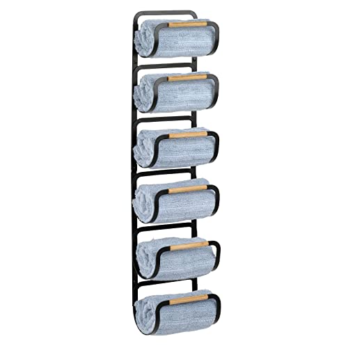 mDesign Wall Mount Towel Storage Rack for Bathroom - 6-Tier Hanging Organizer Mounted Holder Shelf for Multiple Bath Towels or Robes - Steel Metal and Wood - Yami Collection - Matte Black/Natural