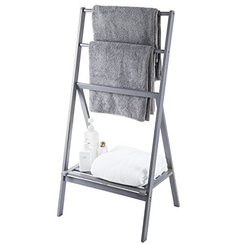 MyGift 43 Inch Rustic Dark Gray Solid Bamboo Freestanding Towel Rack, Bathroom Folding Towel Drying Stand with Bottom Storage Shelf