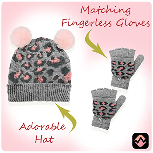 PEAK 2 PEAK Girls Hat and Fingerless Gloves Winter Set, Leapord with Plush Pink Pompoms - Age 4-12 Years