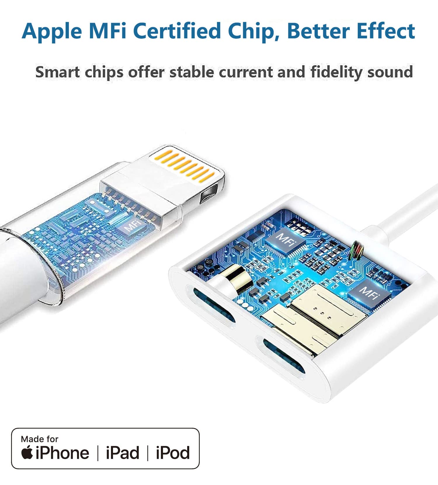 Apple MFi Certified 2 in 1 Dual Lightning Aux Charge Adapter, iPhone Headphones Splitter for iPhone 13 12 11 XS XR X 8 7 6 Support Audio+Charge+Call+Music Volume Control - 2 Pack