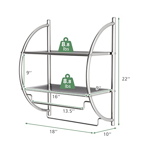 Safstar Wall Mounted Bathroom Shelf, 2-Tier Metal Bathroom Towel Rack w/Leaky Design Shelves & Towel Bars, Chrome Bathroom Shelf for Living Room Kitchen Bathroom, 18"W X 10"D X 22"H, Silver