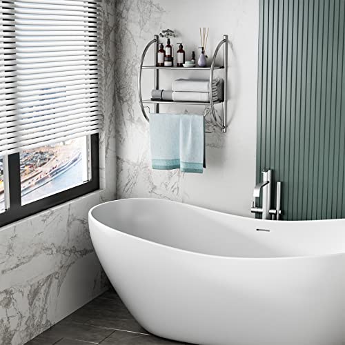 Safstar Wall Mounted Bathroom Shelf, 2-Tier Metal Bathroom Towel Rack w/Leaky Design Shelves & Towel Bars, Chrome Bathroom Shelf for Living Room Kitchen Bathroom, 18"W X 10"D X 22"H, Silver