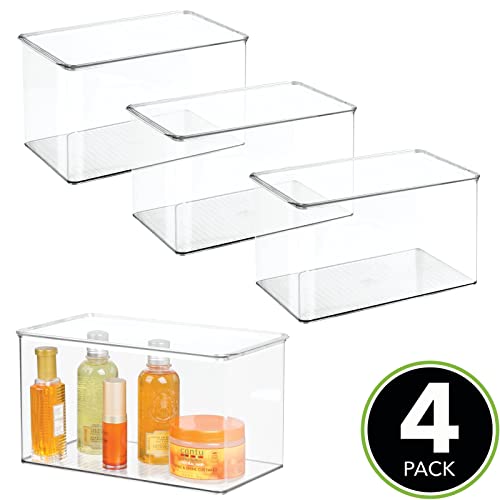 mDesign Stackable Plastic Bathroom Storage Box with Hinge Lid - Container for Organizing Soap, Body Wash, Shampoo, Conditioner, Hand Towels, Hair Accessories, Lumiere Collection, 4 Pack - Clear