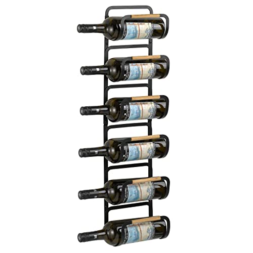 mDesign Wall Mount Towel Storage Rack for Bathroom - 6-Tier Hanging Organizer Mounted Holder Shelf for Multiple Bath Towels or Robes - Steel Metal and Wood - Yami Collection - Matte Black/Natural
