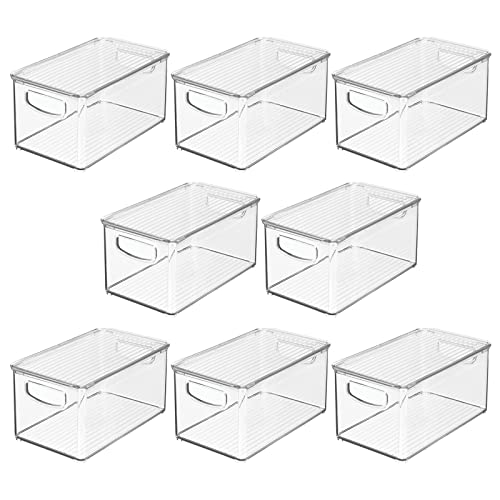 mDesign Deep Plastic Bathroom Storage Bin Box, Lid/Built-in Handles, Organization for Makeup, Hair Styling Tools, Toiletry Accessories in Cabinet, Shelves, Ligne Collection, 8 Pack, Clear
