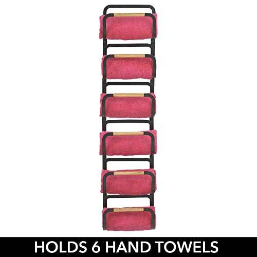 mDesign Wall Mount Towel Storage Rack for Bathroom - 6-Tier Hanging Organizer Mounted Holder Shelf for Multiple Bath Towels or Robes - Steel Metal and Wood - Yami Collection - Matte Black/Natural