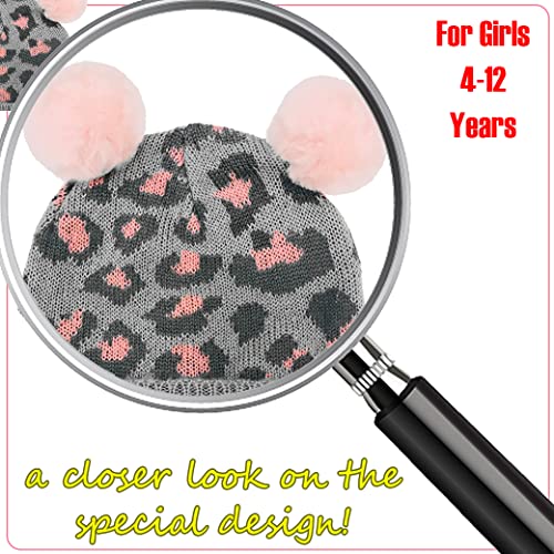 PEAK 2 PEAK Girls Hat and Fingerless Gloves Winter Set, Leapord with Plush Pink Pompoms - Age 4-12 Years
