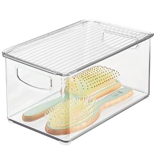 mDesign Deep Plastic Bathroom Storage Bin Box, Lid/Built-in Handles, Organization for Makeup, Hair Styling Tools, Toiletry Accessories in Cabinet, Shelves, Ligne Collection, 8 Pack, Clear