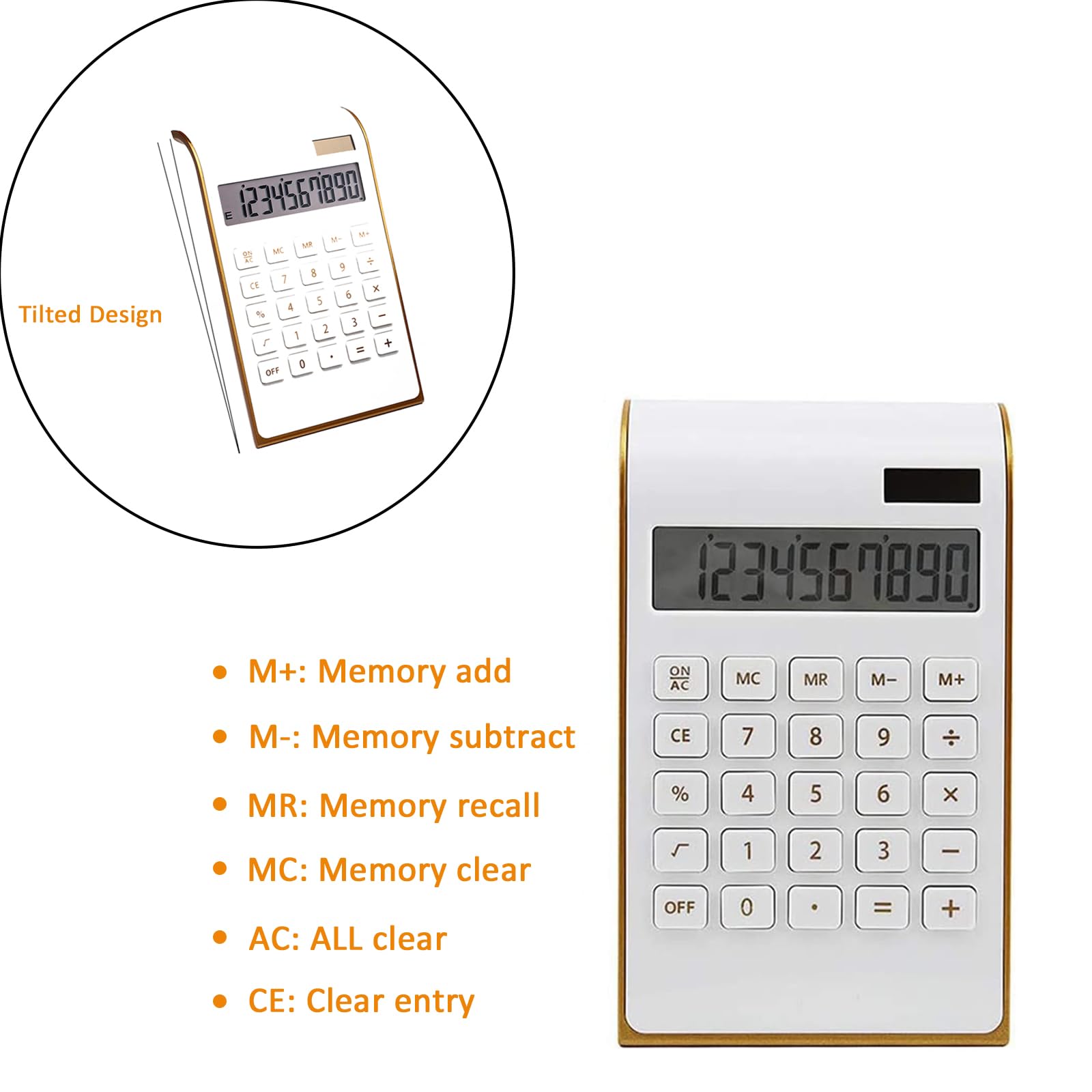 XYSRZ Calculator, Slim Elegant Design, Office/Home Electronics, Dual Powered Desktop Calculator, Solar Power, 10 Digits, Tilted LCD Display, Inclined Design, White,1- Pack