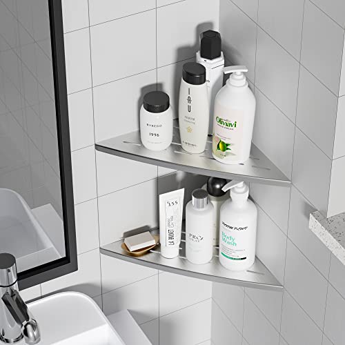 Qeke Corner Shower Shelf Brushed Nickel, 304 Stainless Steel 11.5” Recessed Corner Shelf Bathroom for Tiled Wall, Floating Shower Shelves Shampoo Holder, No Drilling, 2 Pack
