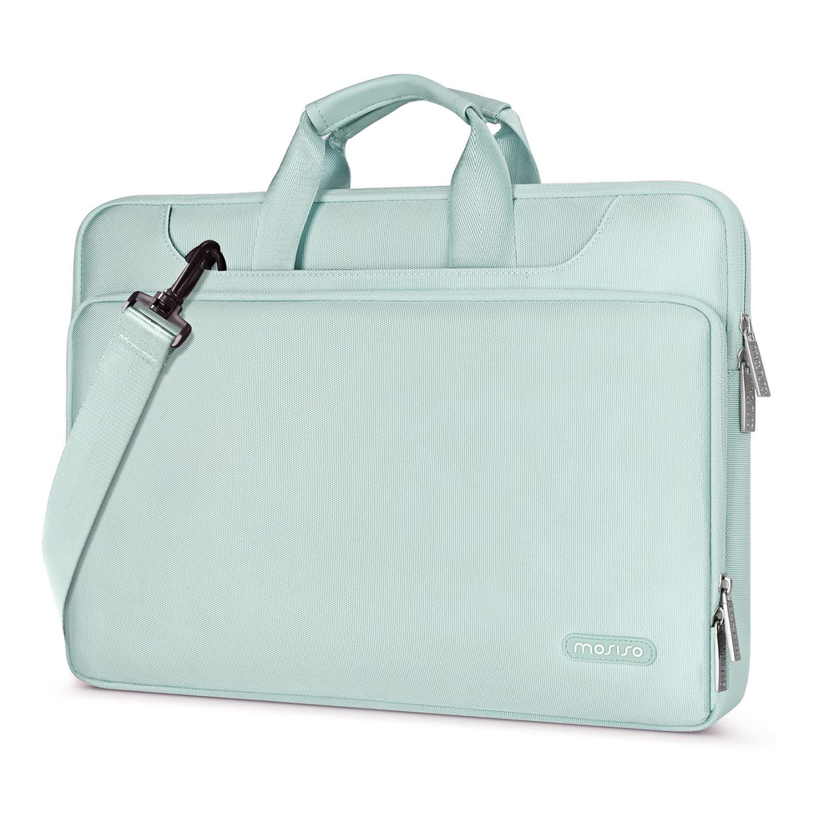 MOSISO 360 Protective Laptop Shoulder Bag Compatible with MacBook Air 15 inch M2 A2941 2023/Pro 16 inch M3 M2 M1 2023-2019, 15-15.6 inch Notebook,Matching Color Sleeve with Belt, Mint Green