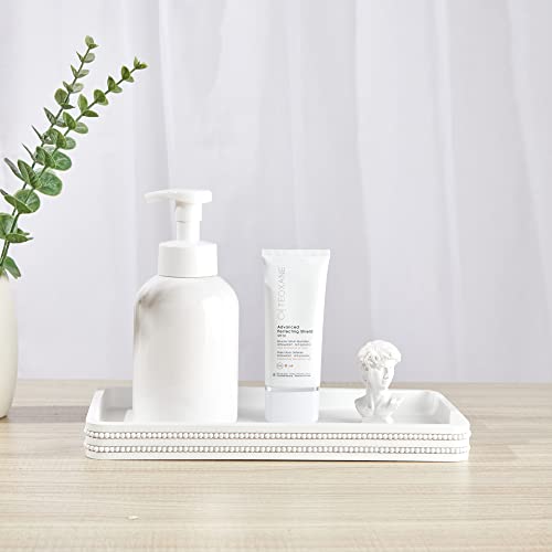 YJNSFT 11" Large Vanity Sink Tray for Bathroom Counter, Resin Toilet Tank Storage, Rectangular Kitchen Soap Organizer, Jewelry Plate Decor Holder for Perfume, Candles, Tissues, Towel, Plant (White)