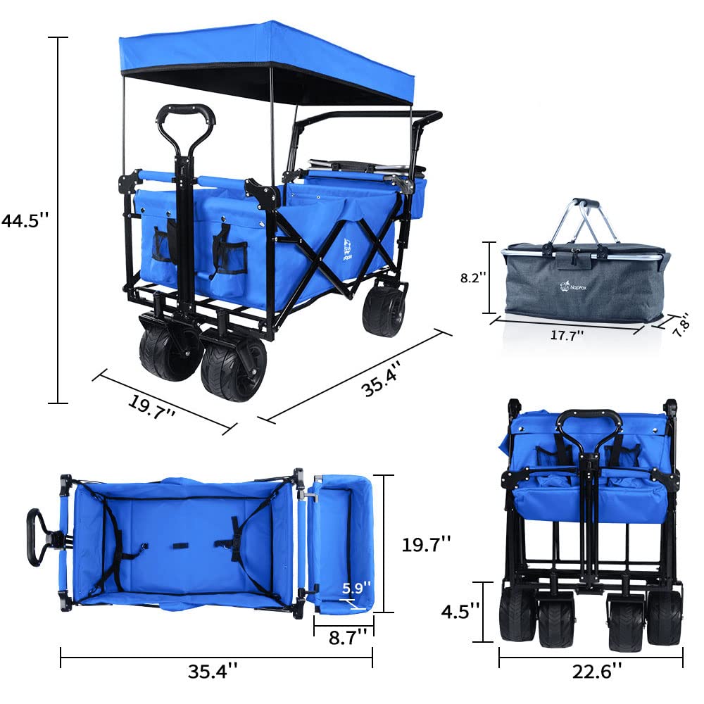 Collapsible Wagon Heavy Duty Folding Wagon Cart with Removable Canopy, 4" Wide Large All Terrain Wheels, Brake, Adjustable Handles,Cooler Bag Utility Carts for Outdoor Garden Wagons Carts Beach Cart