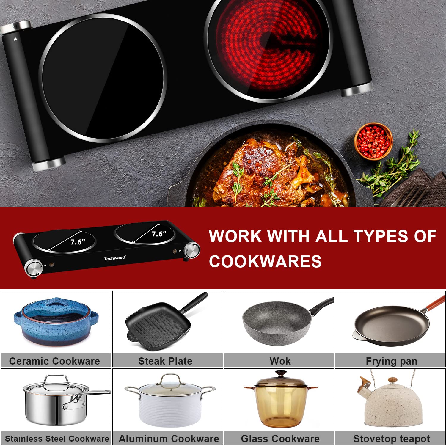 Hot Plate, Techwood 1800W Dual Electric Stove, Countertop Stove Double Burner for Cooking, Infrared Ceramic Hot Plates Double Cooktop, Brushed Stainless Steel Easy to Clean Upgraded Version, Black