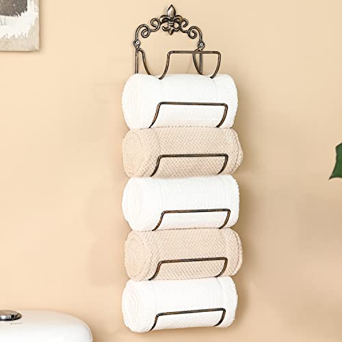 Rustic Metal Towel Rack Wall Mounted with Fleur de Lis, 6-Tier Solid Wrought Iron Towel Holder,Towel/Wine Rack Holder, Racks for Bathroom,Hand Towels,Wine Bottles,Yoga Mats Storage