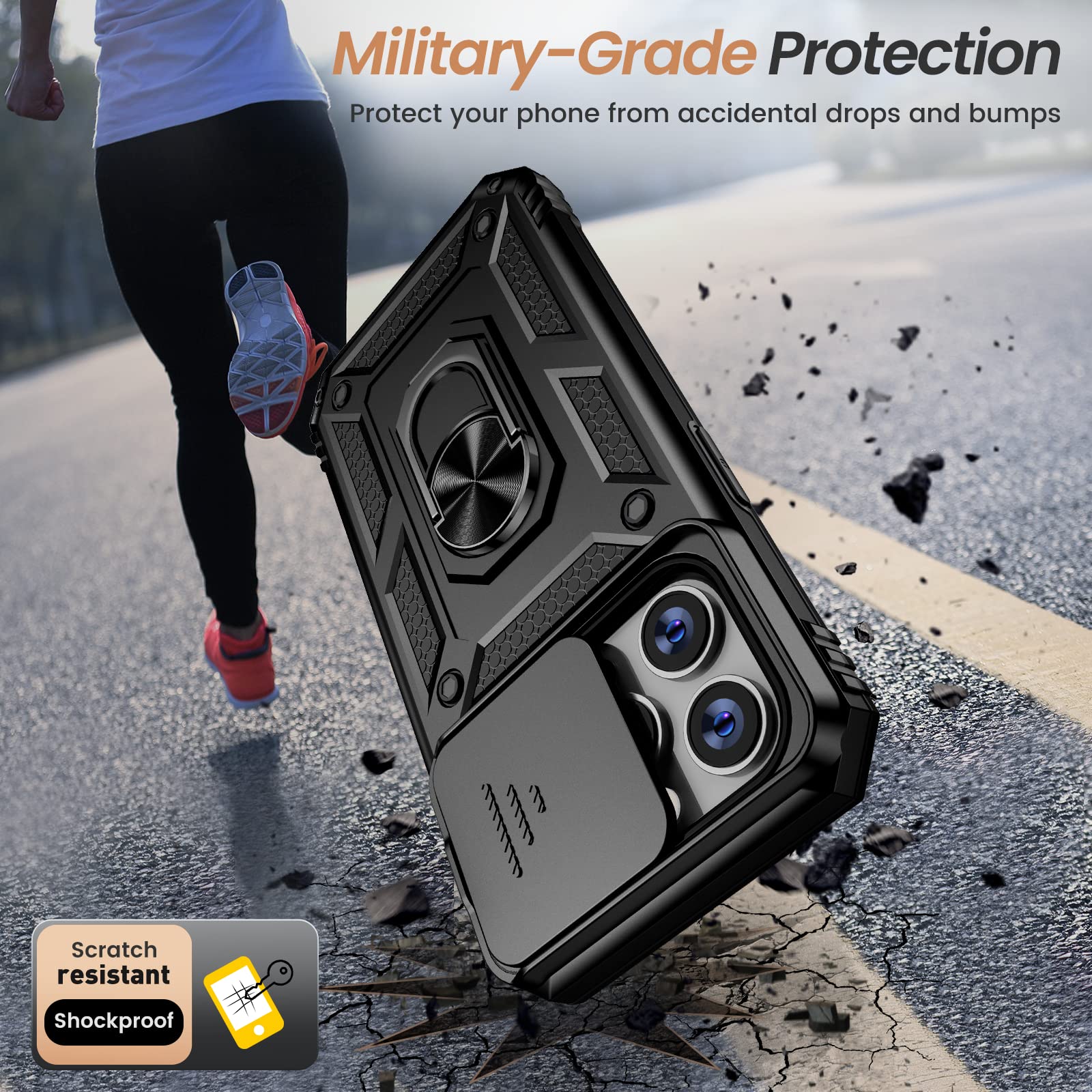 Goton Armor Case for iPhone 13 Pro Max & iPhone 12 Pro Max Case with Sliding Camera Cover & Stand, Heavy Duty Shockproof Protective Rugged Phone Case with 360-degree Rotatable Ring Kickstand - Black