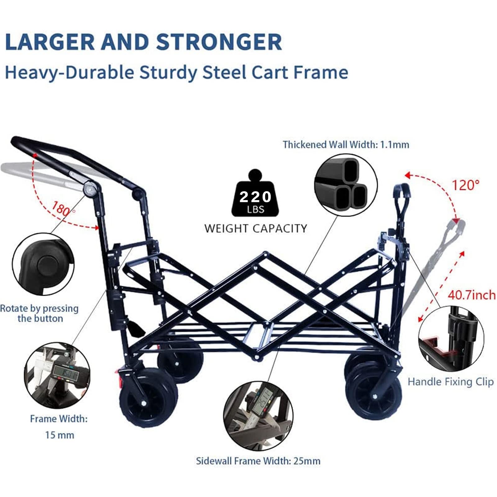 Collapsible Wagon Heavy Duty Folding Wagon Cart with Removable Canopy, 4" Wide Large All Terrain Wheels, Brake, Adjustable Handles,Cooler Bag Utility Carts for Outdoor Garden Wagons Carts Beach Cart