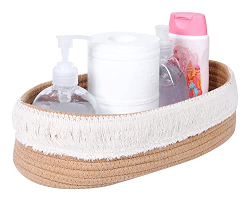 Toilet Tank Topper Paper Basket, Storage for Toilet Tank, Bathroom Baskets Tray, Toilet Baskets for Boho Bathroom Decor, Small Woven Baskets for Organizing, 13.5"x5.9"x4" (Brown-Fringe)