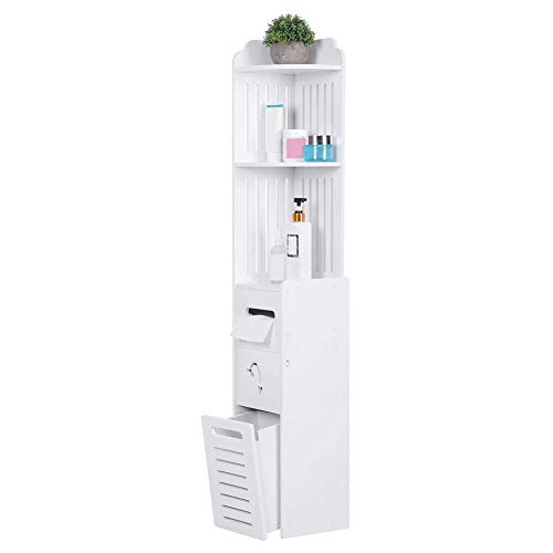 Small Bathroom Storage Corner Floor Cabinet, White Free Standing Storage Organizer Side Cabinet Thin Toilet Vanity Cabinet with Doors and Shelf for Paper Holder Shampoo
