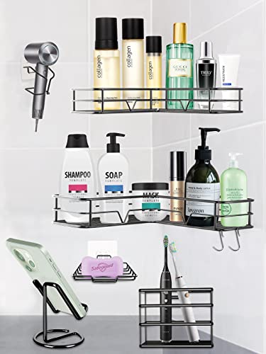 GOJUSO 2 Size Corner Shower Caddy Hair Dryer Holder Wall Mounted Toothbrush Holder Phone Stand for Desk No Drilling Hanging for Bathroom/Kitchen/Rustproof