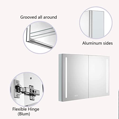 Bathlink Lighted Medicine Cabinet, 30"×27.5"×5", LED Mirror Medicine Cabinet, Recessed or Surface Mount, Defogger, Dimmer, 2 Doors Bathroom Lighted Medicine Cabinet with Mirror