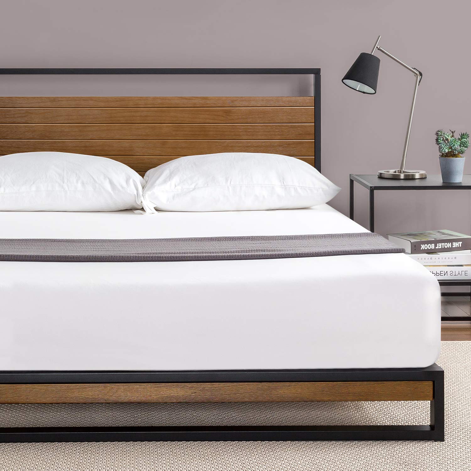 ZINUS Suzanne 37 Inch Metal and Wood Platform Bed Frame / Solid Wood & Steel Construction, Chestnut Brown, Queen & 12 Inch Green Tea Memory Foam Mattress, Queen