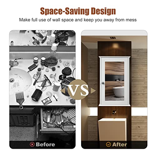 Hysache Bathroom Medicine Cabinets, Wall Mount Mirrored Storage Cabinet w/Single Mirrored Door & Adjustable Shelf, Multipurpose Wooden Organizer for Hallway Living Room Bed, 13.5" L x 6" W (White)