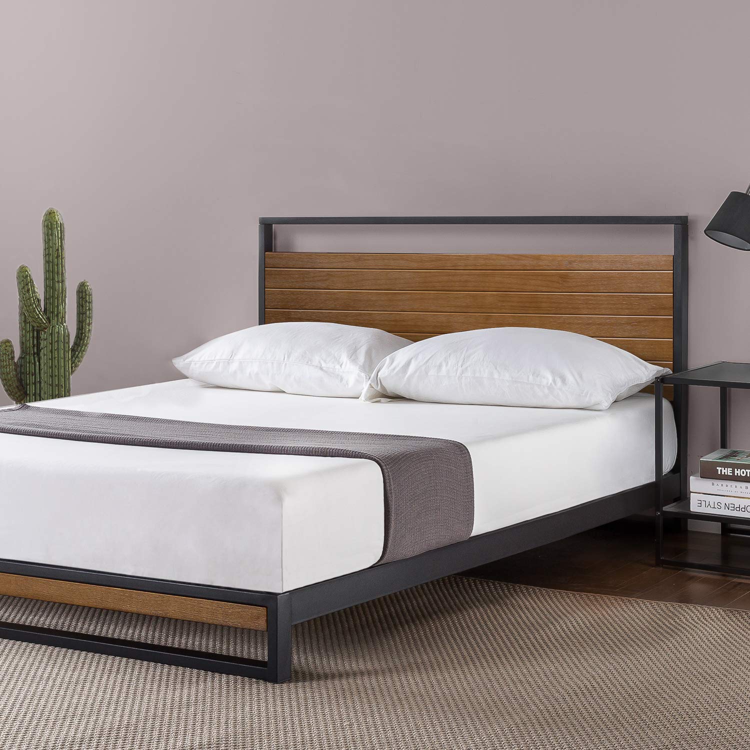ZINUS Suzanne 37 Inch Metal and Wood Platform Bed Frame / Solid Wood & Steel Construction, Chestnut Brown, Queen & 12 Inch Green Tea Memory Foam Mattress, Queen