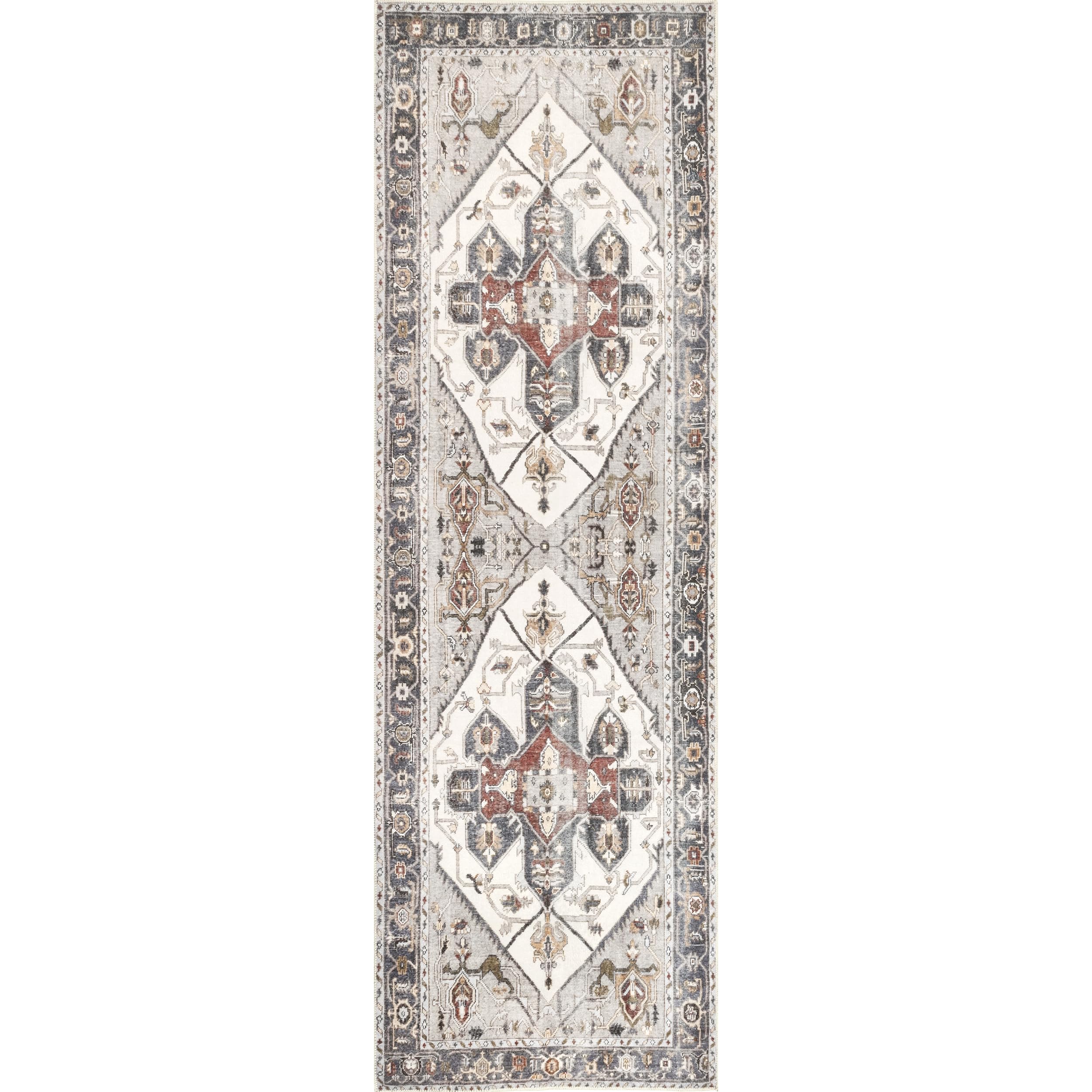 nuLOOM Mali Machine Washable Traditional Medallion Ultra Thin Runner Rug, 2' 6" x 12', Ivory