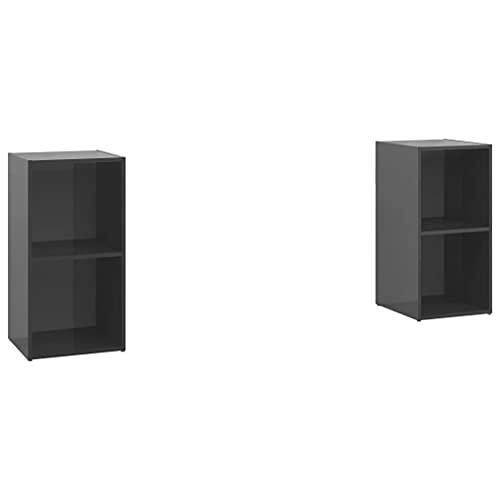 Queen.Y TV Cabinet Set of 2, Wooden Floor Storage Unit, Display Table with 4 Compartments, for Books, Magazines, DVDs, Media Box, High Gloss Grey
