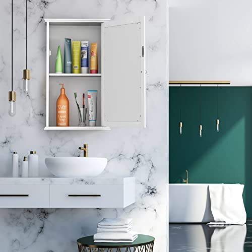 Hysache Bathroom Medicine Cabinets, Wall Mount Mirrored Storage Cabinet w/Single Mirrored Door & Adjustable Shelf, Multipurpose Wooden Organizer for Hallway Living Room Bed, 13.5" L x 6" W (White)