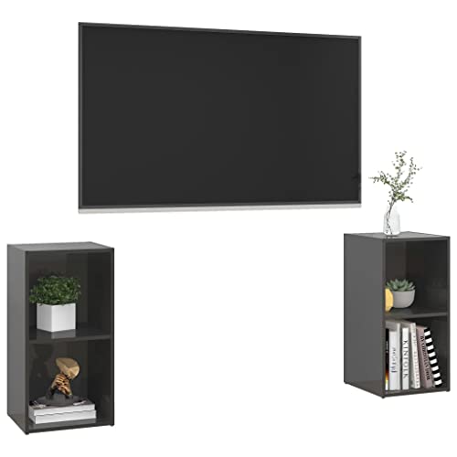 Queen.Y TV Cabinet Set of 2, Wooden Floor Storage Unit, Display Table with 4 Compartments, for Books, Magazines, DVDs, Media Box, High Gloss Grey