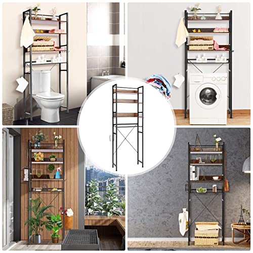 Devo Over The Toilet Storage, 4-Tier Bathroom Organizer, Wooden Bathroom Storage Shelf, with 8 Hooks and Toilet Paper Hook for Laundry, Balcony, Porch, Kitchen (Rustic Brown 2)