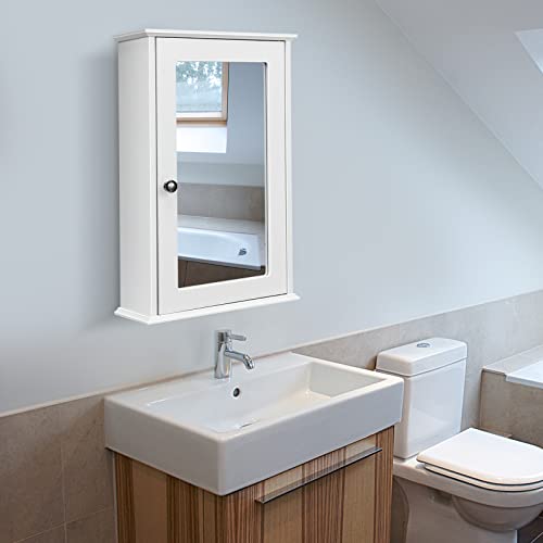 Hysache Bathroom Medicine Cabinets, Wall Mount Mirrored Storage Cabinet w/Single Mirrored Door & Adjustable Shelf, Multipurpose Wooden Organizer for Hallway Living Room Bed, 13.5" L x 6" W (White)