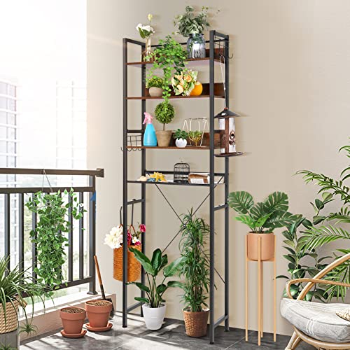 Devo Over The Toilet Storage, 4-Tier Bathroom Organizer, Wooden Bathroom Storage Shelf, with 8 Hooks and Toilet Paper Hook for Laundry, Balcony, Porch, Kitchen (Rustic Brown 2)