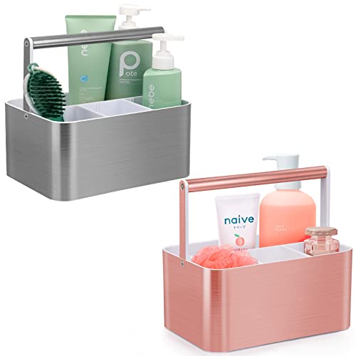 BYUNER Plastic Shower Caddy Basket - Portable Large Bath Storage Organizer Bin Tote with Handle and divider for College Dorm,Cabinet,Bathroom Counter, Brushed Nickel White